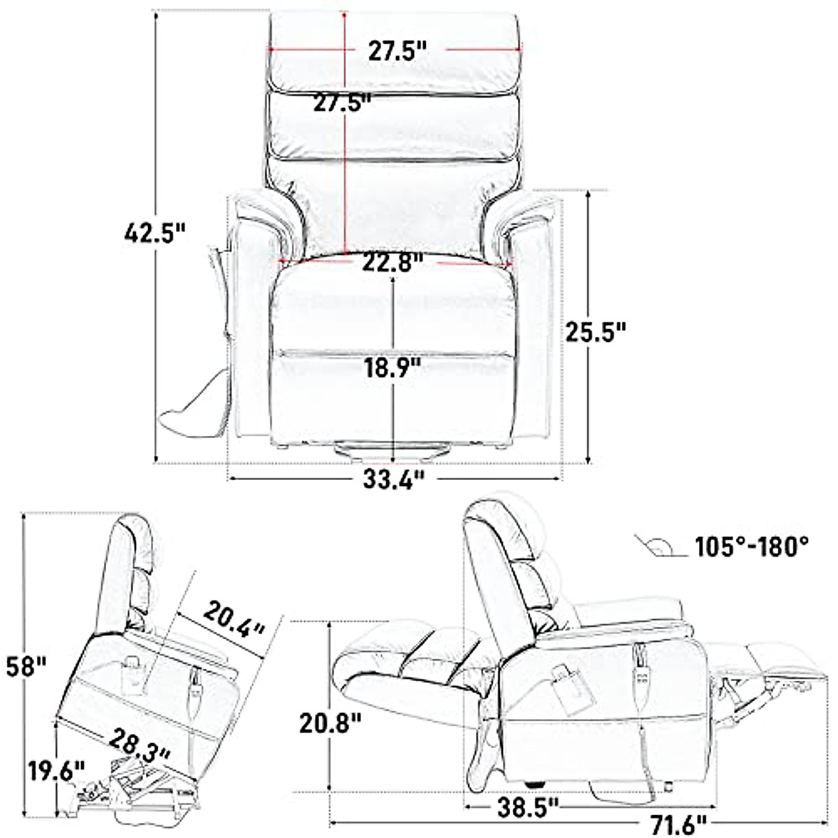 Irene House 9188 Dual OKIN Motor Lay Flat Recliner Lift Chair Recliners for Elderly Infinite Position with Heat Massage Up to 300 LBS Electric Power Lift Recliner Chair Sofa (Red Chenille)