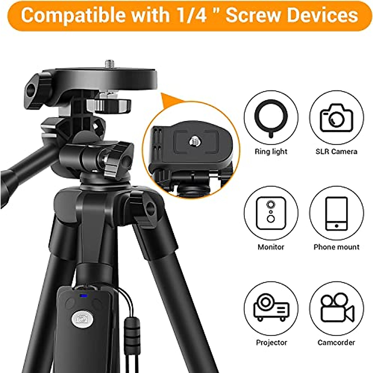 60" Camera Tripod with Travel Bag,Cell Phone Tripod with Remote,Professional Aluminum Portable Tripod Stand with Phone Tripod Mount&1/4”Screw,Compatible with Phone/Camera/Projector/DSLR/SLR