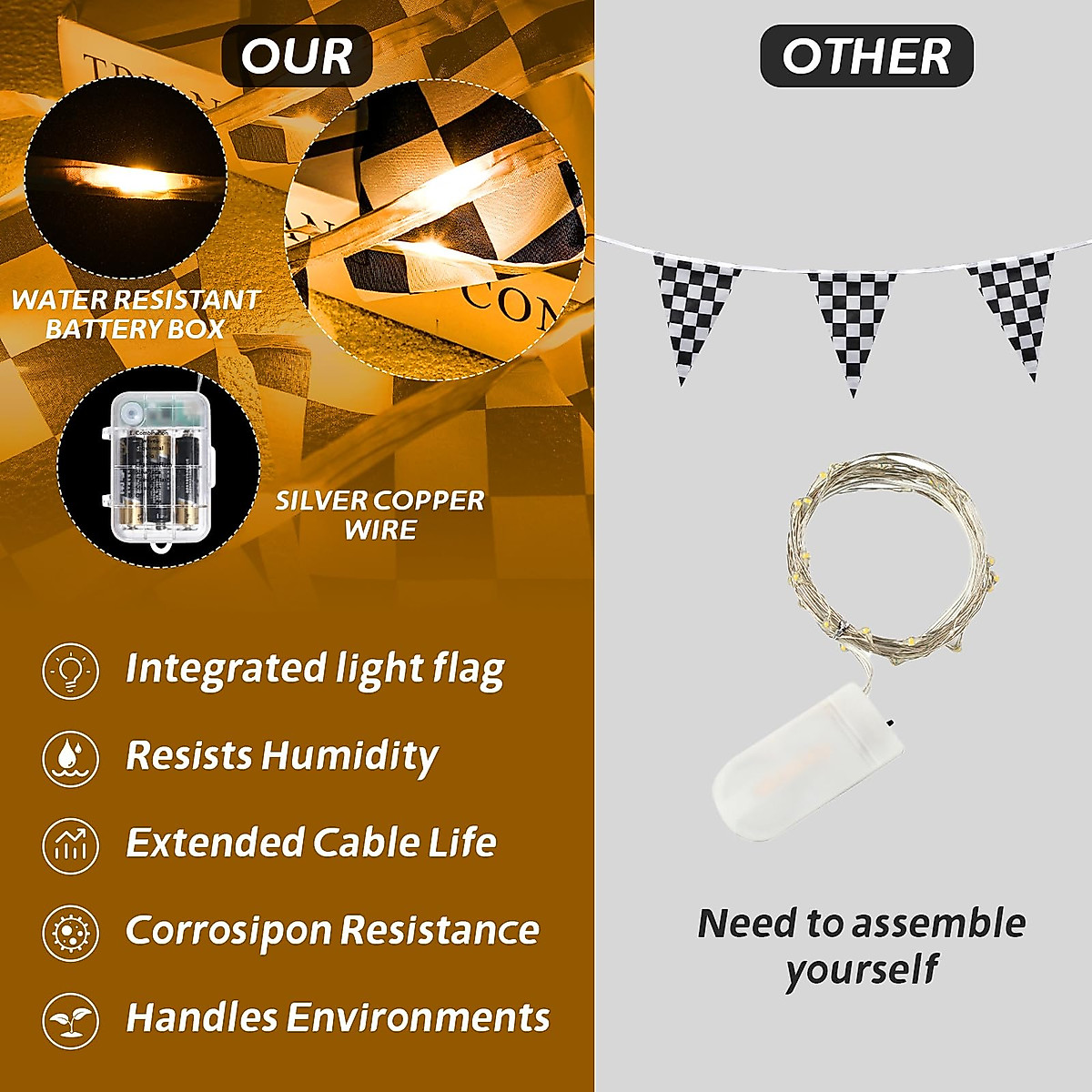 Aurelema Light up Black and White Checkered Flag Banner, 32.8 ft Racing Flags Plastic Race Flags Checkered Pennant Banner with 8 Light Modes for Nascar Race Themed Party Decorations Supplies