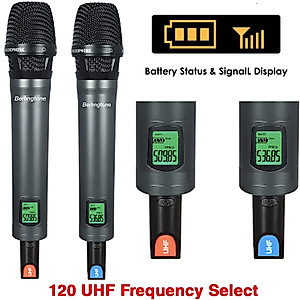 Berlingtone Wireless Microphone System, 2 Handheld Dynamic Microphones,120- Adjustable Frequency Channel, Metal case and mic for Karaoke, Meeting, Party, Church, DJ, Wedding, up 260ft Range (BR-56UM)