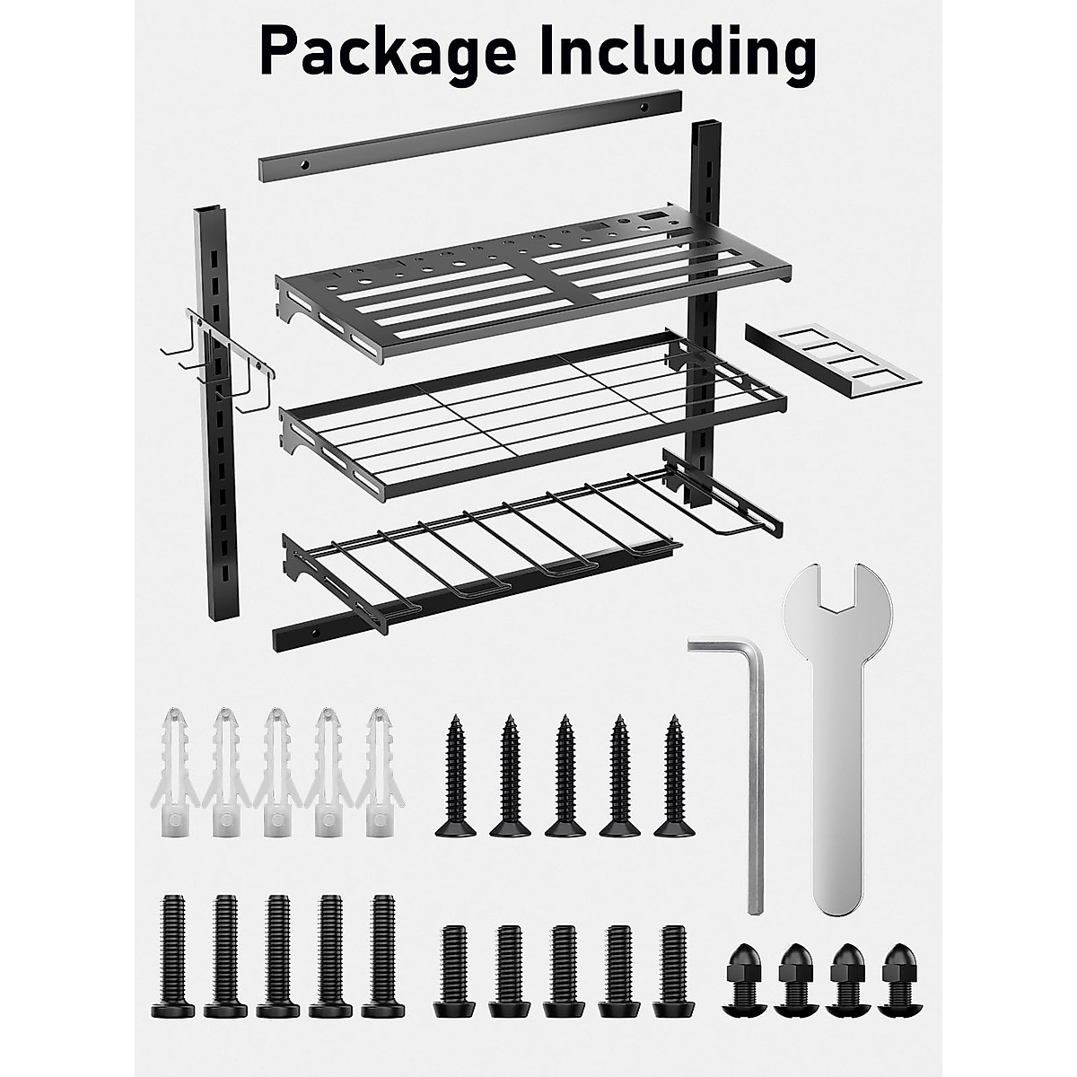 Power Tool Organizer Wall Mount, Tool Storage Rack with 4 Drill Holder, Tool Holder Bears 35lbs, Tool Shelf with Screwdriver, 3-Tier Adjustable Height Tool Rack for Garage Organization and Workshop