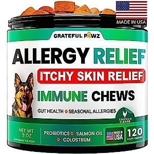 Dog Allergy Relief Chews - Dog Itch Relief - Probiotics, Omega 3 Fish Oil + Colostrum - Itchy Skin Relief - Seasonal Allergies - Anti Itch Support & Hot Spots - Immune Health Supplement - Made in USA