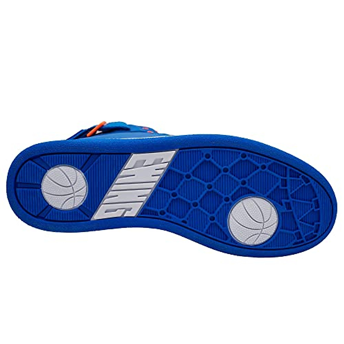 Ewing Athletics 33 HI x Orion Hybrid Retro Sneakers for Men, Reversible Ankle Strap, Durable Synthetic Upper, Rubber Sole, Blue/Orange/White; Size 9.5