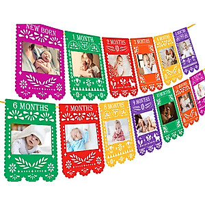 Kreatwow Mexican Photo Banner Fiesta Monthly Banner Papel Picado for 1st Birthday Party Decorations from Newborn to 12 Month