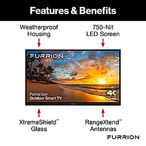 Aurora 43-Inch Partial-Sun 4K LED Outdoor Smart TV - Weatherproof HDR10 LED Outdoor Television with Anti-Glare, 750-Nit LED Screen, Tempered Glass, External Antennas for Partially Sunny Outdoor Areas