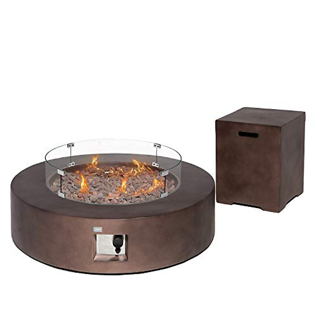 COSIEST 2-Piece Outdoor Propane Firepit Table Set w Tank Table, 40.5-inch Dark Fire Table 50,000 BTU w Bronze Round Base,Wind Guard and 16 inches Tank Side Table 20lb for Garden,Pool