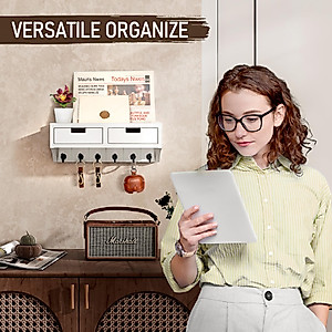 Rebee Vision Key Holder Wall Mount with Drawer Organizer: Mail Organizer with 6 Key Hooks & Dual Drawer Storage - Room Decor for Home and Apartment Essentials (Modern White)