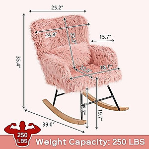 NIOIIKIT Nursery Rocking Chair, Faux Fur Upholstered Glider Rocker with Lumbar Pillow, High Backrest Rocking Accent Chair, Comfy Armchair for Living Room, Bedroom, Office (Pink)