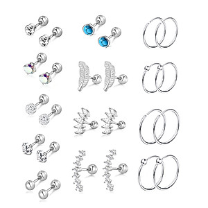 PLOMFOV 13Pairs 20G Cartilage Earrings for Women Men CZ Feather Barbell Earrings Stainless Steel Cartilage Hoop Earring 16G Tragus Conch Helix Piercing Jewelry Silver Tone