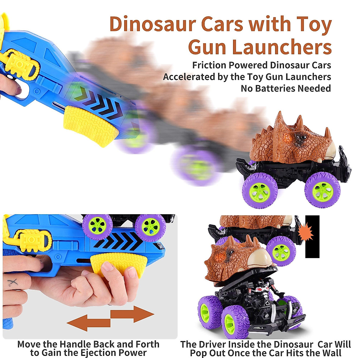 FiGoal 2 Pack Dinosaur Cars with Toy Gun Ejecting Friction Powered Dino Car Transforming Dinosaur Toys Car Gifts for Boys Girls Teacher Classroom Prize