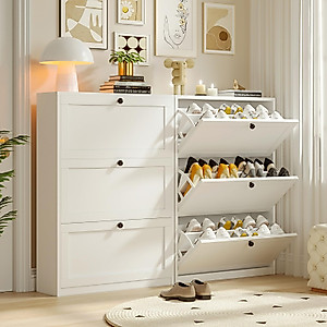 VOWNER Shoe Cabinet with 3 Flip Drawers, Freestanding Shoe Storage Cabinet with Adjustable Shelf & Anti-Tipping Device, Shoe Rack for Entryway, Hallway, Living Room (White)