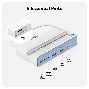 HyperDrive iMac USB Hub Adapter, 6in1 iMac Accessories: HDMI 4K60Hz, USB-C 10Gbps, 2 USB-A 10Gbps, SD UHS-I, MicroSD UHS-I for iMac 2021 24 inch