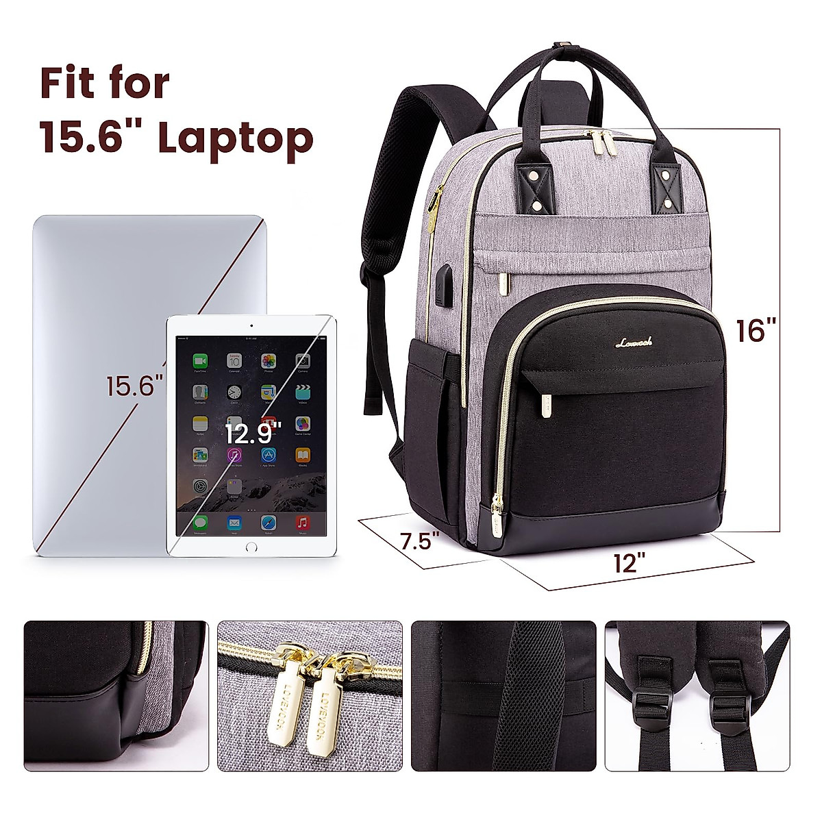 LOVEVOOK Backpack for Women,Laptop Backpack Women,Fits 15.6 Inch Laptop Bag,School Backpacks,Fashion Travel Work Anti-theft Bag,Waterproof Business Computer College Backpack Purse,Grey-Black-Balck