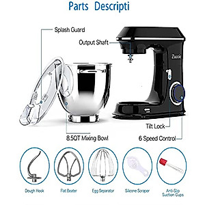 Stand Mixer, Zuccie 660W 6-Speed Tilt-Head Food Mixer, 8L Mixers Kitchen Electric Stand Mixer with Dough Hook, Wire Whip, Beater & Splash Guard (8.5QT, Black)