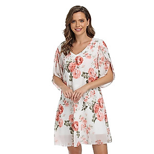 1stvital Women's Loose Chiffon Dresses Short V Neck Dress Cocktail Party Elegant Evening Dress Open Sleeve White&Red Floral,M Pink Flowers