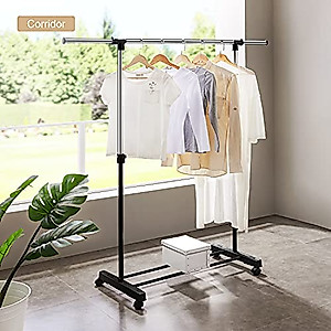 JZM Adjustable Clothes Garment Rack, Rolling Clothes Organizer on Wheels for Hanging Clothes with Bottom Shelves, Rolling Clothes Rack Portable Collapsible Commercial Garment for Entryway, Bedroom