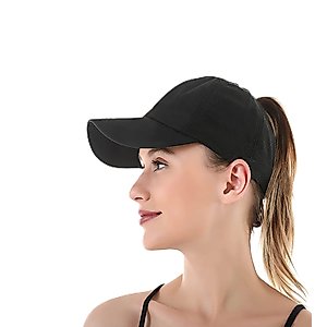Criss-Cross Ponytail-Baseball-Cap for Women - Summer Adjustable Quick-Dry High-Messy-Bun Dad-Hat Fit for 22" Black