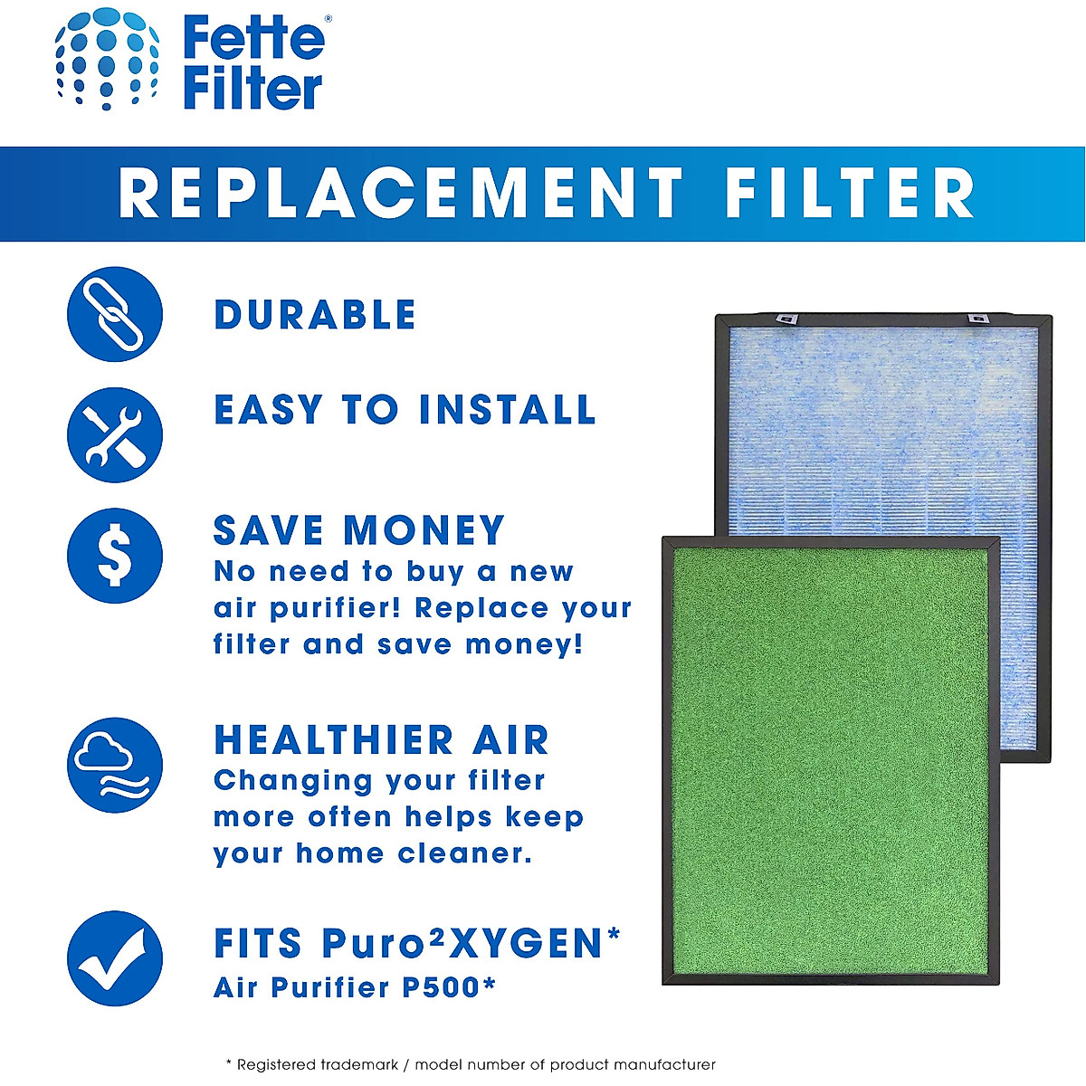 Fette Filter - 4-in-1 High-Efficiency Replacement Filters (pack of 2) Compatible with PURO²XYGEN Air Purifier P500 with True HEPA Filter, Activated Carbon Filter - Pack of 2