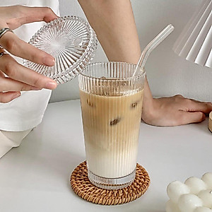 MEFFE Ribbed Glass Stem-ware, Glass Tumbler Stripe Glass Cup, Elegant Ribbed Glass Tumblers, Ribbed Glass Drinking Jars, Coffee Cup With Lid and Straw Drinking Glasses for Iced Coffee, Milk, Tea, Jui