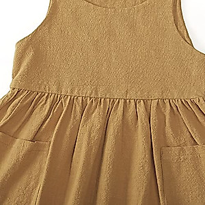 TIMOGG Toddler Baby Girl Cotton Linen Solid Dress Sling Bow Summer Skirt Casual Beach Girls Sundress with Pockets Overall Dress (Khaki, 4-5 Years)
