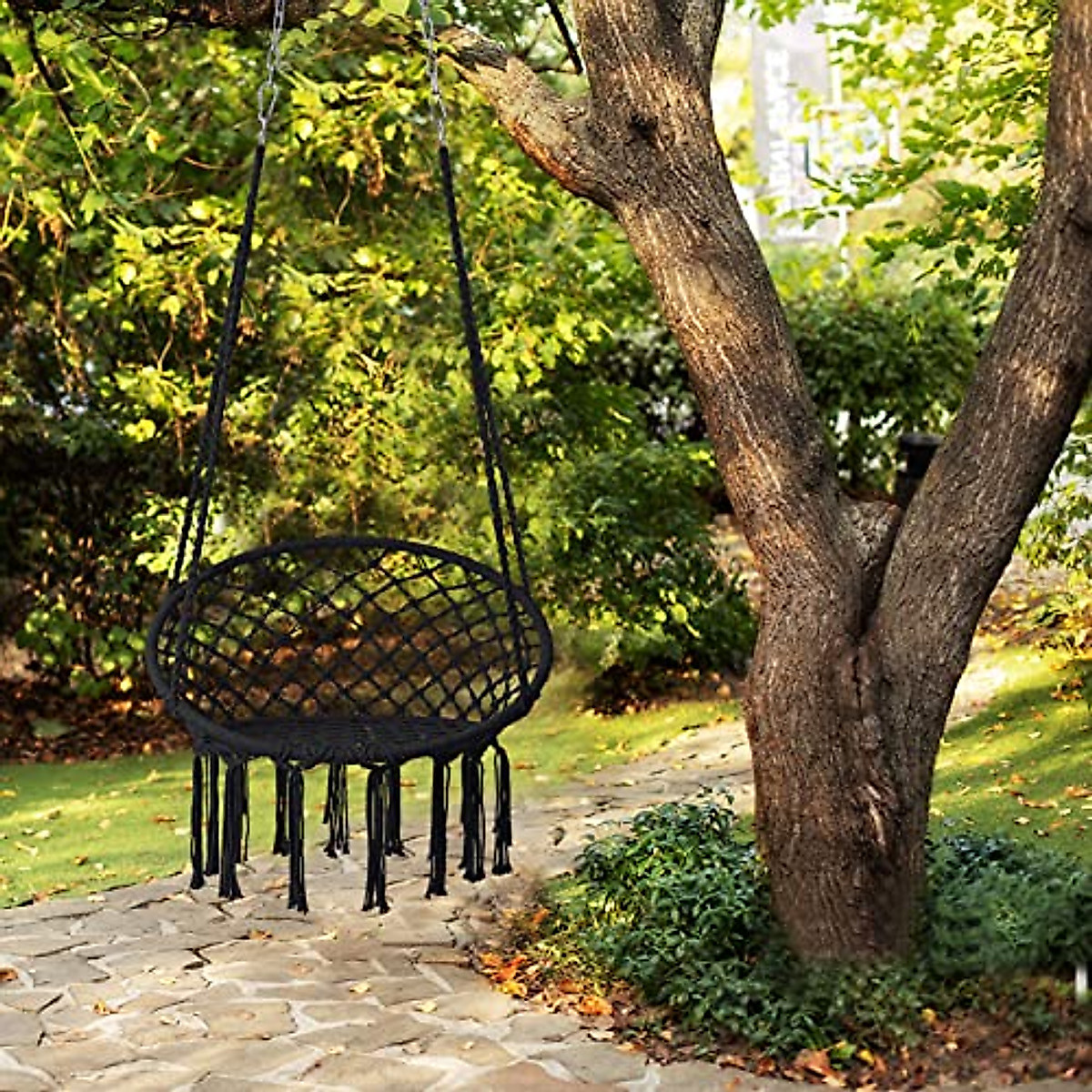 HBlife Hammock Chair, Hanging Swing with Macrame, Max 330 Lbs, Black Hanging Cotton Rope Chair for Indoor, Outdoor, Bedroom, Patio, Yard, Deck, Garden and Porch, for Child