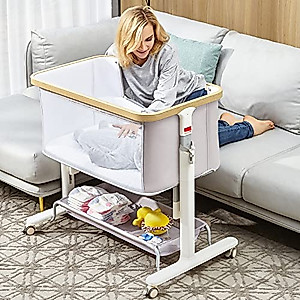 RONBEI Baby Bassinet Bedside Sleeper, Bedside Bassinet with Storage Basket and Wheels, Easy Folding Bassinets Bedside Cribs for Baby/Infant/New Borns