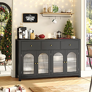 FINETONES Buffet Cabinet with Storage, 55.1" Large Sideboard Buffet Farmhouse Kitchen Cabinet with 3 Drawers and 4 Doors, Wood Coffee Bar for Kitchen, Black