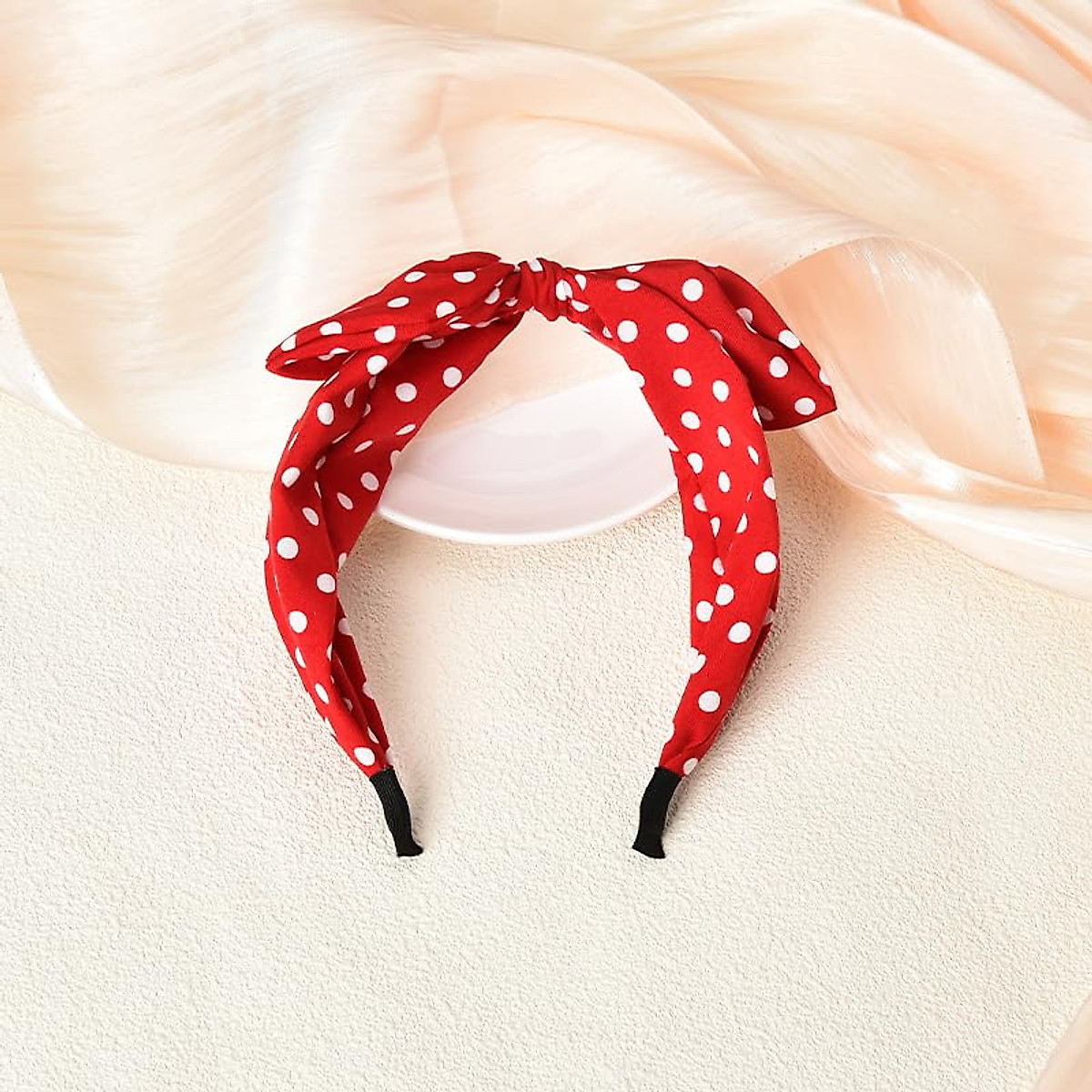 Polka Dot Bunny Ear Knotted Bow Headbands - Vintage Hair Accessories for Women and Girls with Non-Slip Top Knot
