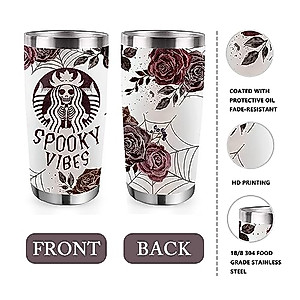 Zzkol Halloween Spooky Vibes Skeleton Tumbler with Lid and Straw, Rose Flower Skull Ghost Spider Web Stainless Steel Travel Coffee Cup, 20oz Gothic Double Wall Vacuum Insulated Mug Halloween Gifts