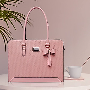 MOSISO Laptop Tote Bag for Women, 15.6 inch PU Leather Laptop Bag Compatible with MacBook, HP, Dell, Asus Notebook, Large Capacity Woven Travel Work Office Computer Briefcase & Clutch Purse, Pink
