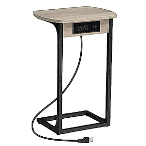 Hzuaneri C Shaped End Table with Charging Station, Bed Side Table with USB Port & Outlet, Couch Table, C Snack Table for Living Room, Bedroom, Greige and Black ET05105B