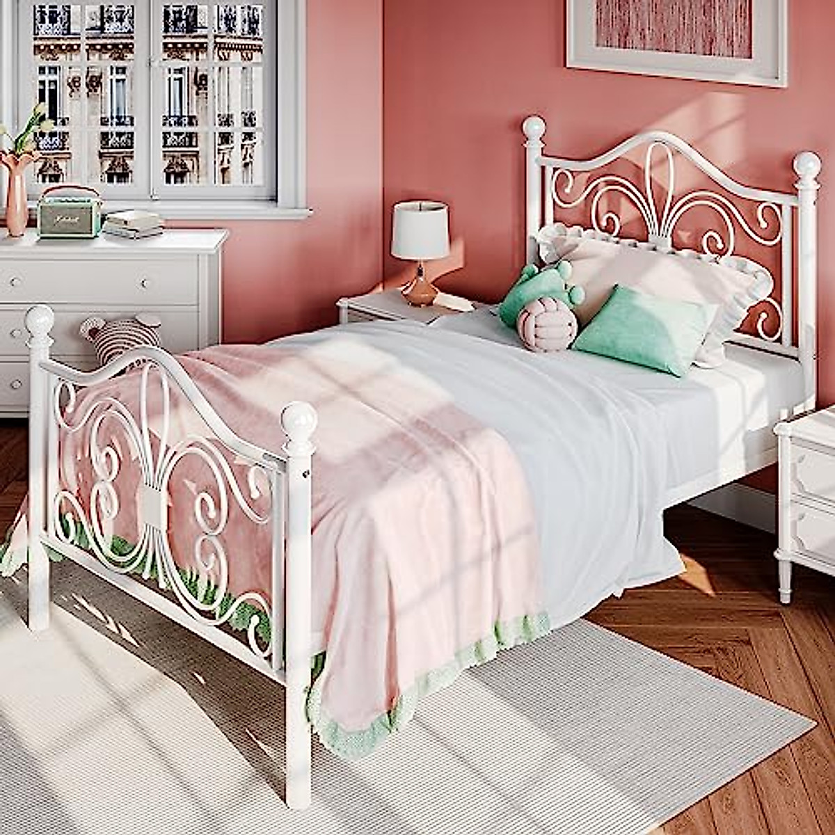 SHA CERLIN Twin Size Bed Frame for Kids,Metal Bed Frame with Butterfly Pattern Design Headboard & Footboard,No Box Spring Needed,Easy Assembly,White