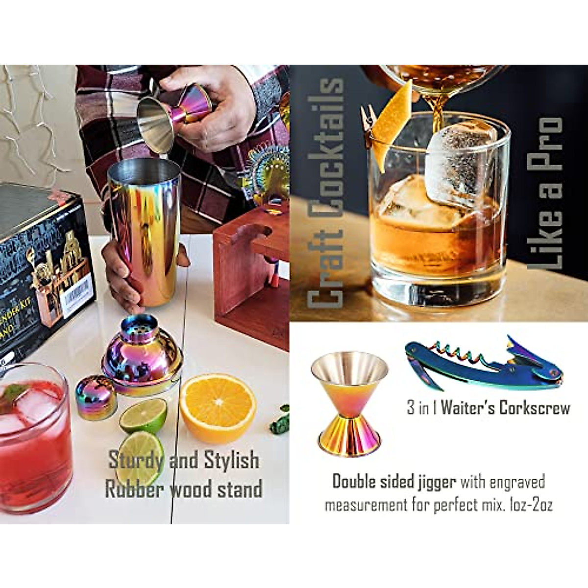 Voila Artisan 20 Pcs Premium Cocktail Shaker Set Bartender Kit with Elegant Mahogany Wooden Stand-Rainbow