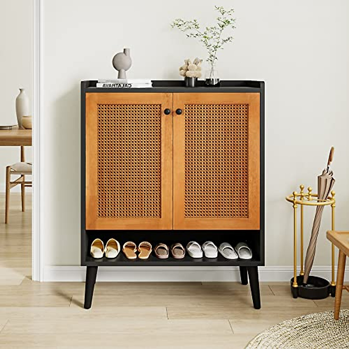 Tribesigns Shoe Cabinet, 6 Tiers 24-30 Pairs Natural Handmade Rattan Shoes Cabinet with Door, Heavy Duty Freestanding Shoe Storage Cabinet with Removable Shelves for Entryway, Black & Orange