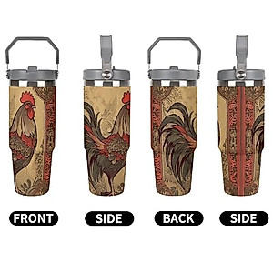 BWQJKUO Large Capacity Car Cup 30 Oz Stainless Steel Old Rooster Illustration Printed Travel Mug Leak-proof Flip Straw Tumbler with Handle,keeps Cold Or Ho