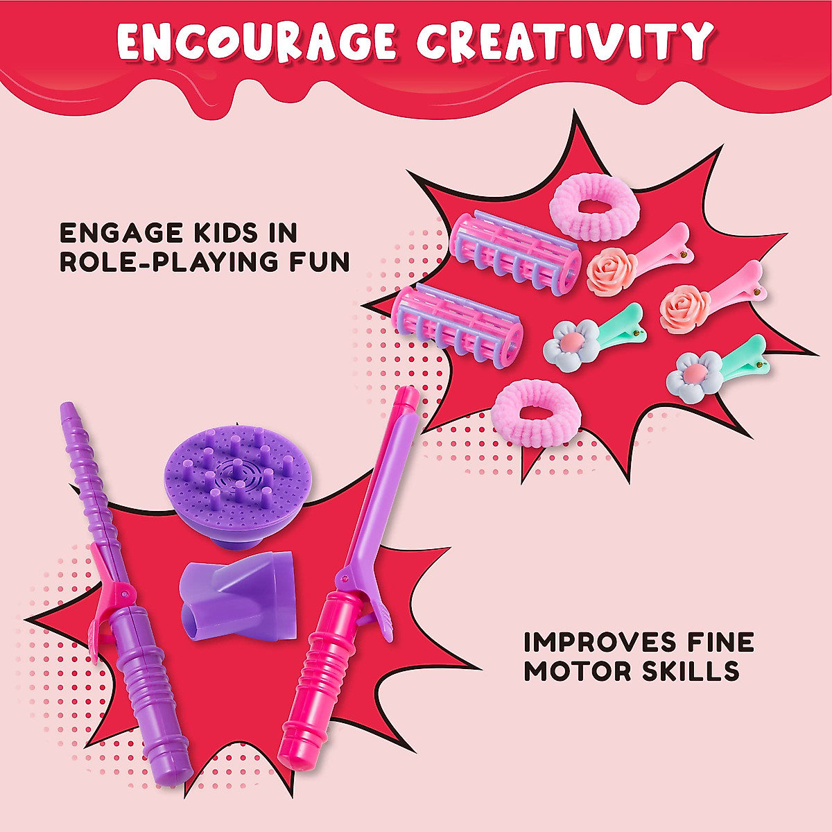 JOYIN 17Pcs Girls Beauty Salon Set, Pretend Play Doll Hair Stylist Toy Kit with Hairdryer, Mirror, Curling Iron and Other Accessories for Kids Toddler Fashion Cutting Makeup Party Favor, Birthday Gift