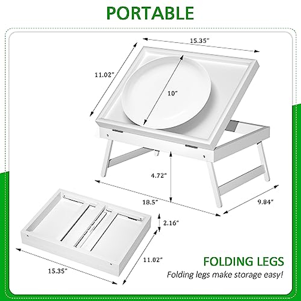 Bed Tray Table Breakfast Food Tray with Folding Legs Serving Tray for Computer Laptop Desk Bed Platters TV Snack Tray by Artmeer (White, Medium)