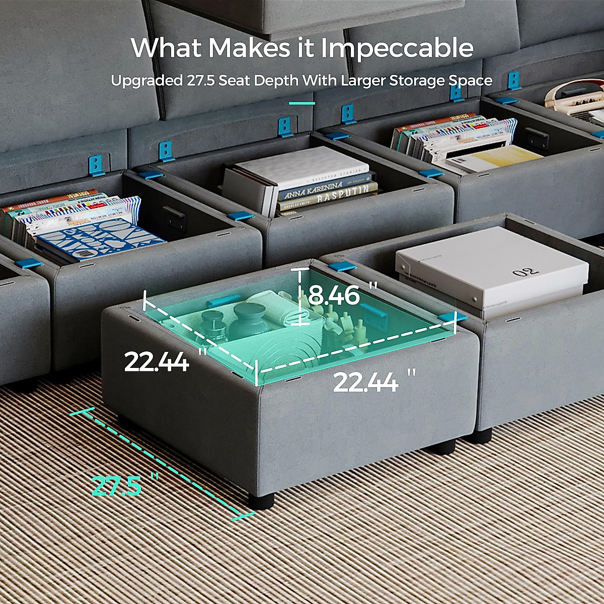 LINSY HOME Rubik III 4 Seats Fabric Sofa Set, Deep Seat Modular Sectional Sofa, Modern Extra Large Sofa Couch with Storage Seats & Removable Cover, 4 Seater Convertible Sofa, Dark Grey