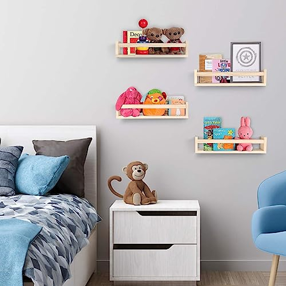 TUEGEGNS Nursery Book Shelves Wall Mounted Set of 4,Floating Wall Bookshelves for Kids,Nursery Shelves for Bookshelf Wall,Kids Bookshelf (Set of 4 Nature)