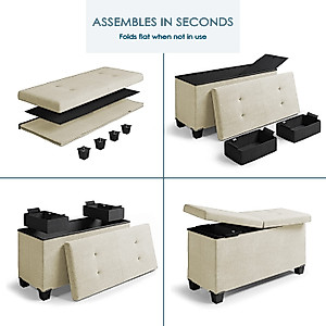 Storage Ottoman Bench with Storage Bins, 30-In Storage Bench for Bedroom End of Bed, Folding Foot Rest Ottoman with Storage for Living Room, Storage Chest Max 660lbs, Linen Fabric Ivory Ottoman