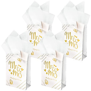 ECOHOLA Mr & Mrs Paper Gift Bags, 24 Pieces Metallic Gold Foil Goodie Bags Fancy Wedding Gift bags for guests, 8"X5.5"X2.5"