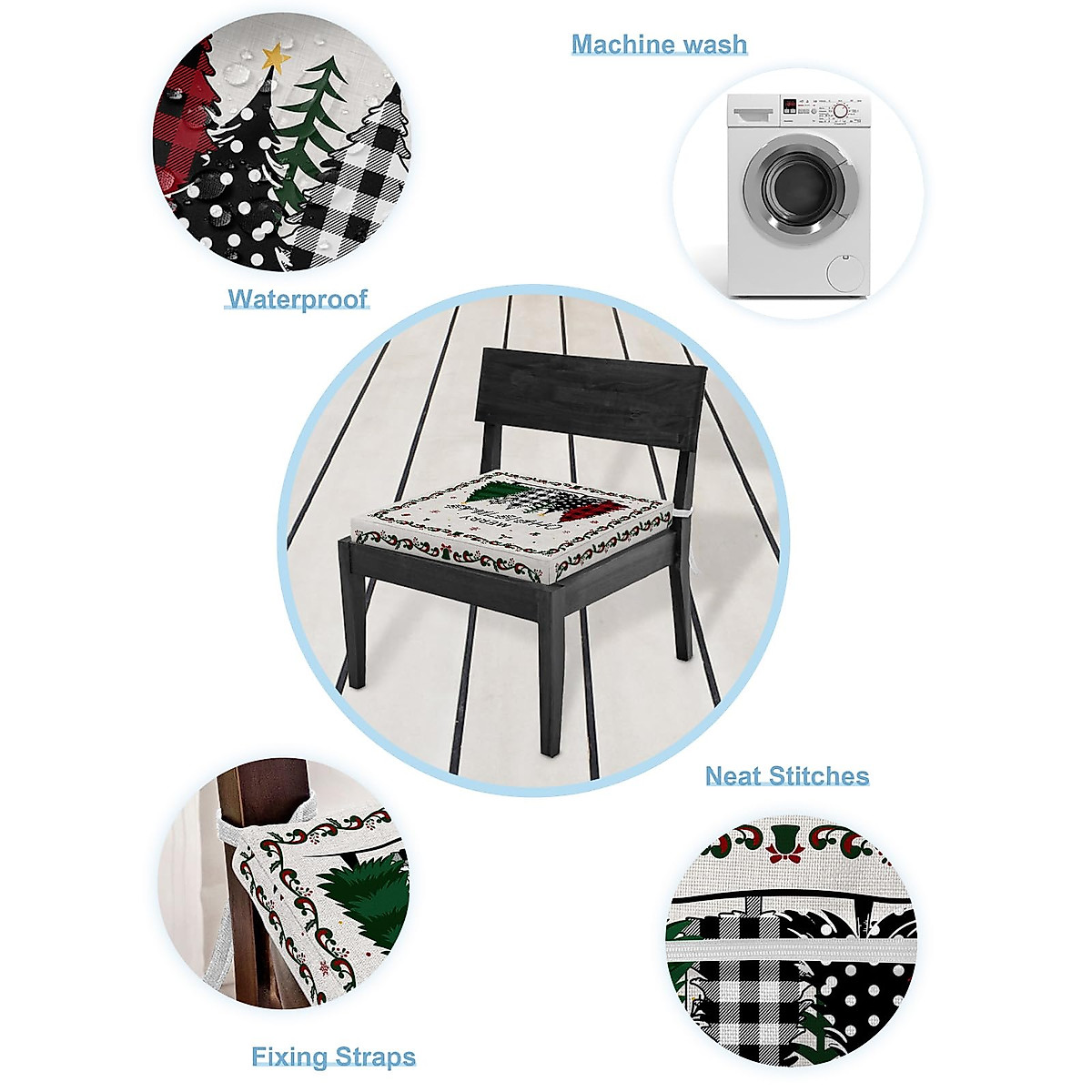 Merry Christmas Tree Outdoor Cushion Chair Cover Set of 2 - Waterproof Couch Seat Covers, Red Plaid Green Xmas Tree Snowflake Patio Furniture Protector Slipcovers for Sofa/Garden/RV, 20"x18"x4"