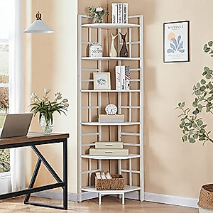 HOMISSUE 6 Tier Industrial Corner Shelf Unit, 76.9” Tall Corner Bookcase Storage Display Organizer Storage Stand for Home Office White