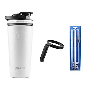 Ice Shaker Bundle Pack 26 Oz Shaker Bottle, White + Slip-On Handle + Reusable Straw Pack