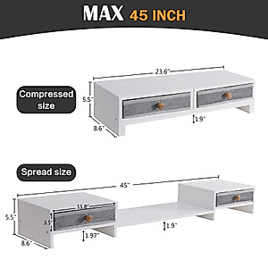 LAPTAIN Dual Monitor Stand Riser with 2 Drawers, Screen Stand with Adjustable Length and Angle, Desktop Organizer Stand for Laptop Computer/TV/PC