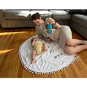 Baby Monthly Milestone Blanket for Boy Girl Gender Neutral Gift for Baby Shower-Circle Ring Play Mat Large- Double Sided Pom Pom Ball Thick Flannel Round Rug for Boy Girl, BabyPhotography Props