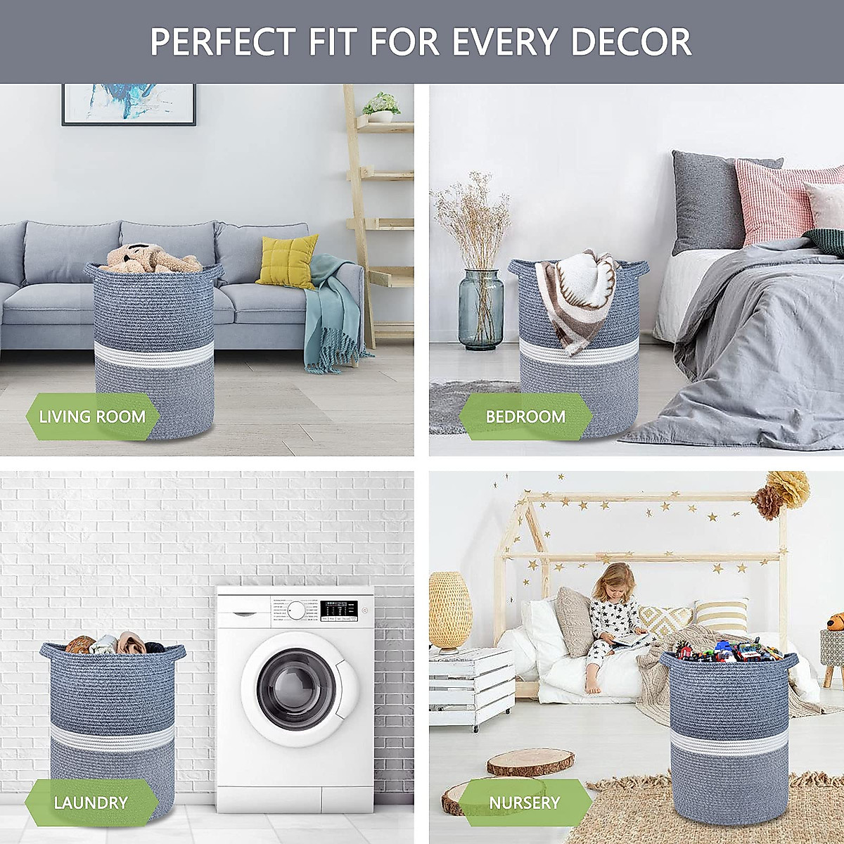 BOSROTY Large Blanket Basket, Tall Laundry Basket 72L, Nursery Hamper, Laundry Hamper, Clothes Basket Laundry, Large Storage Basket, Cotton Rope Basket, Toy Basket, 16”x 22”,Blend Navy Blue & White