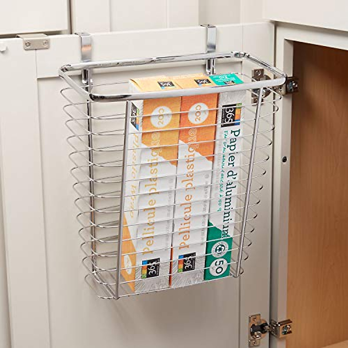 iDesign Axis Steel Over the Cabinet Storage Basket Organizer for Kitchen, Pantry, Bathroom, Office, Dorm Room, 7.1" x 12.2" x 14.2", Chrome