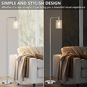 QiMH Industrial Floor Lamp for Living Room, Modern Standing Lamp with HD Glass Lampshade and Pedal Switch, 67” Tall Pole Light for Bedroom Study Room, Brushed Silver (2700K LED Bulb Included)