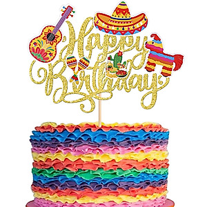 1 Pack Happy Birthday Fiesta Cake Topper Guitar Cactus Donkey Rackets Pepper Cake Pick for Mexican Fiesta Theme Baby Shower Birthday Party Cake Decorations Supplies Gold